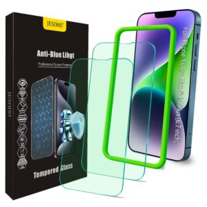 jesoho blue light screen protector for iphone 13 pro max & iphone 14 plus (6.7''), eye protection tempered glass film, scratch-resistant, no bubble, anti glare,with easy installation kit, 2 pack