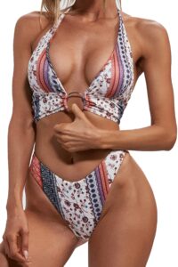 zaful o ring halter bikini for women high cut ribbed tribal swimsuits trendy 2 piece bathing suit white s