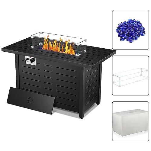 R.W.FLAME 43" Fire Pit Table,Propane Fire Pit Table with Blue Glass Rocks and Tempered Glass Wind Guard.Outdoor Fire Pit with Lid and Rain Cover,Fire Gas Fire Pit/Patio/Deck,50000BTU