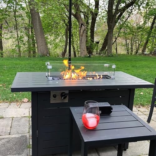 R.W.FLAME 43" Fire Pit Table,Propane Fire Pit Table with Blue Glass Rocks and Tempered Glass Wind Guard.Outdoor Fire Pit with Lid and Rain Cover,Fire Gas Fire Pit/Patio/Deck,50000BTU