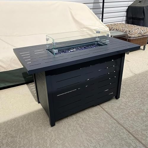 R.W.FLAME 43" Fire Pit Table,Propane Fire Pit Table with Blue Glass Rocks and Tempered Glass Wind Guard.Outdoor Fire Pit with Lid and Rain Cover,Fire Gas Fire Pit/Patio/Deck,50000BTU