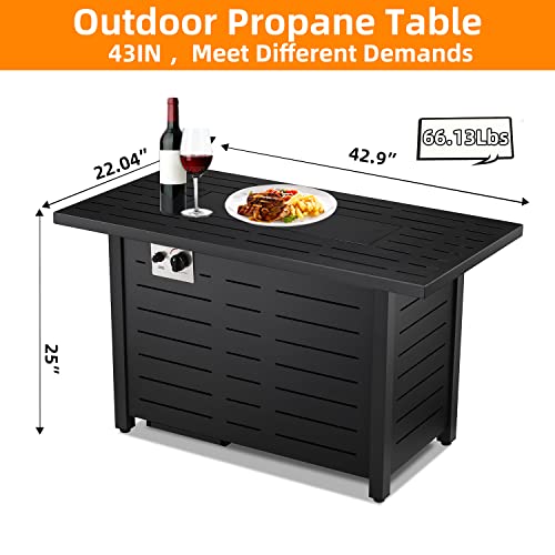 R.W.FLAME 43" Fire Pit Table,Propane Fire Pit Table with Blue Glass Rocks and Tempered Glass Wind Guard.Outdoor Fire Pit with Lid and Rain Cover,Fire Gas Fire Pit/Patio/Deck,50000BTU