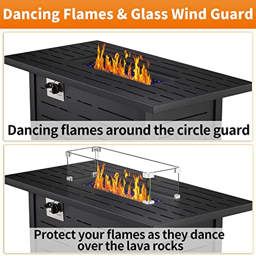 R.W.FLAME 43" Fire Pit Table,Propane Fire Pit Table with Blue Glass Rocks and Tempered Glass Wind Guard.Outdoor Fire Pit with Lid and Rain Cover,Fire Gas Fire Pit/Patio/Deck,50000BTU