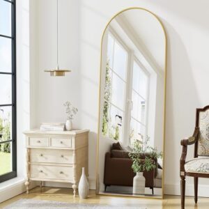 zmycz arched floor mirror, 65"x22" full length mirror, standing mirror hanging or leaning, body mirror with stand, wall mounted mirror, arched-top mirror with aluminum alloy frame for bedroom (gold)