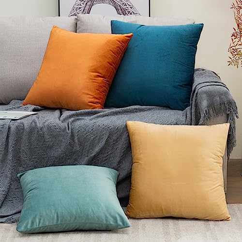 Junfawn Decorative Throw Pillow Covers 18x18 Set of 4 for Sofa and Couch, Soft Square Velvet Cushion Covers Cases for Living Room Bed Decor, Navy/Orange