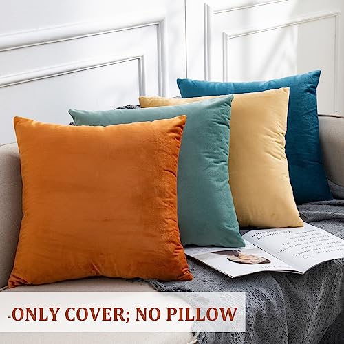 Junfawn Decorative Throw Pillow Covers 18x18 Set of 4 for Sofa and Couch, Soft Square Velvet Cushion Covers Cases for Living Room Bed Decor, Navy/Orange