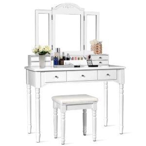 mat expert vanity desk set with mirror and 7 drawers, makeup dressing table w/cushioned stool, dressing table w/partitioned shelf, modern tri-folding mirror vanities for bedroom (white)