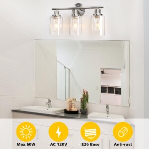 Unicozin 3 Light Vanity Lights, Brushed Nickel Wall Sconce Light with Clear Glass, Bathroom Light Fixtures, Wall Lights for Mirror, Living Room, Bedroom, Hallway, E26 Base (Bulbs Not Included)