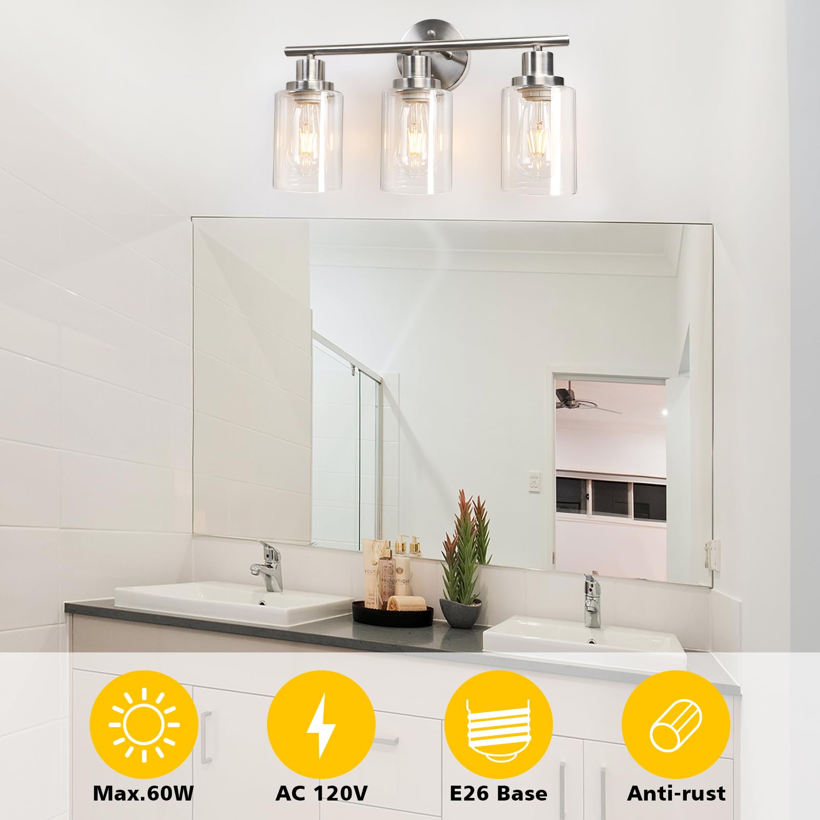 Unicozin 3 Light Vanity Lights, Brushed Nickel Wall Sconce Light with Clear Glass, Bathroom Light Fixtures, Wall Lights for Mirror, Living Room, Bedroom, Hallway, E26 Base (Bulbs Not Included)