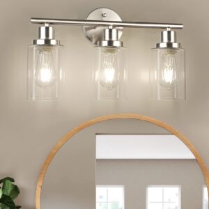 Unicozin 3 Light Vanity Lights, Brushed Nickel Wall Sconce Light with Clear Glass, Bathroom Light Fixtures, Wall Lights for Mirror, Living Room, Bedroom, Hallway, E26 Base (Bulbs Not Included)