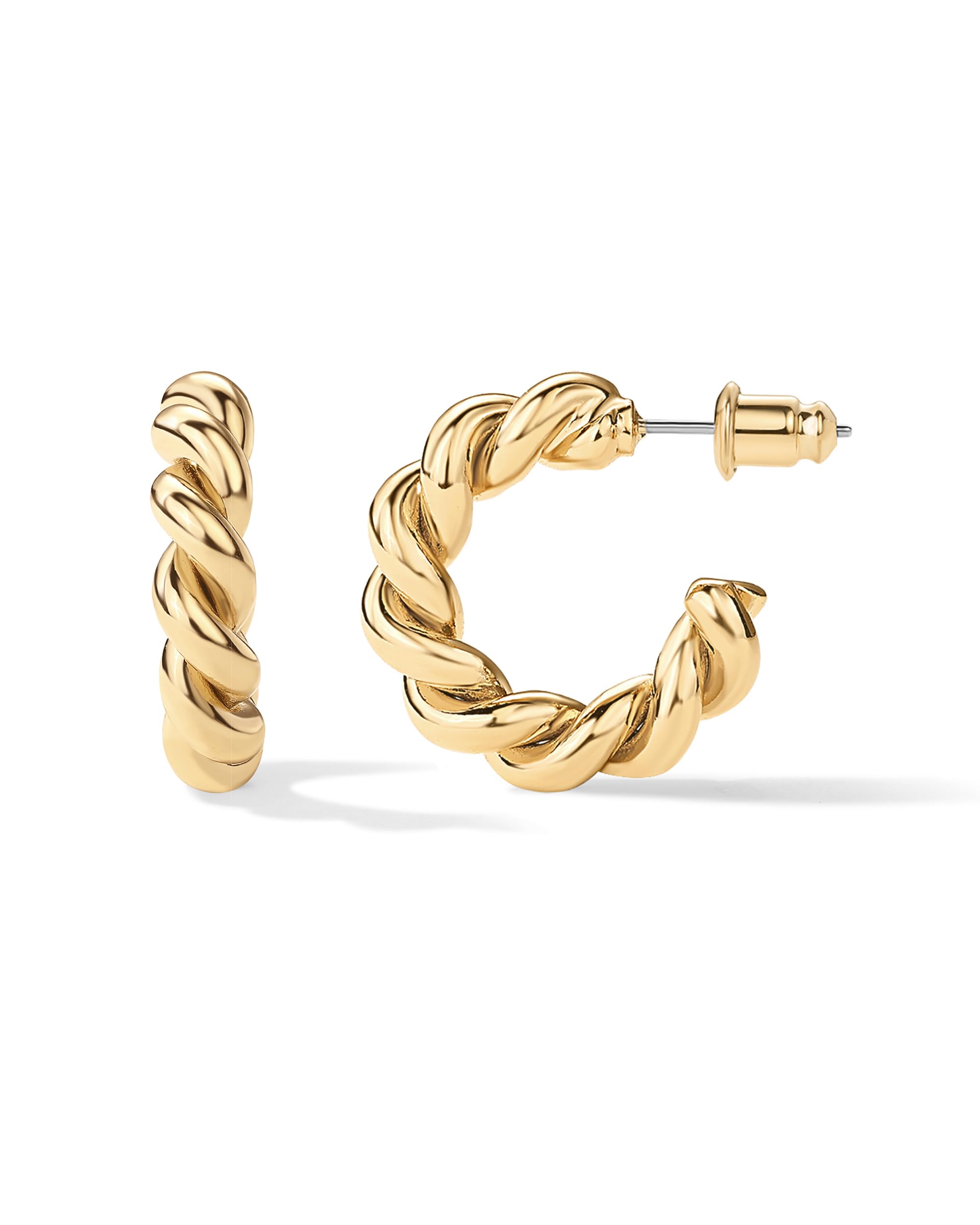 PAVOI 14K Gold Plated Twisted Rope Round Hoop Earrings in Rose Gold, White Gold and Yellow Gold (16.00, Yellow Gold)