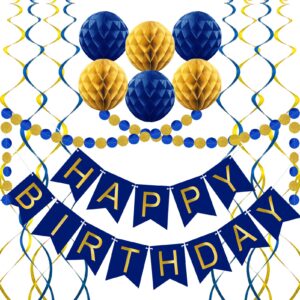 navy blue birthday decorations with happy birthday banner, paper honeycomb balls, circle garland and hanging swirl decorations, navy blue birthday party decorations, birthday decorations for men