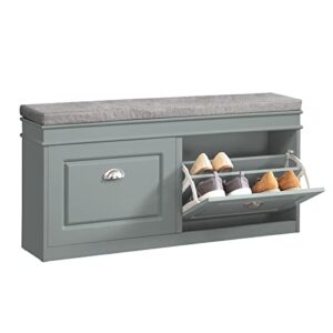 haotian fsr64-hg, grey storage bench with 2 flip drawers & padded seat cushion, hallway bench shoe cabinet shoe bench, hidden shoe rack bench for hallway, bedroom