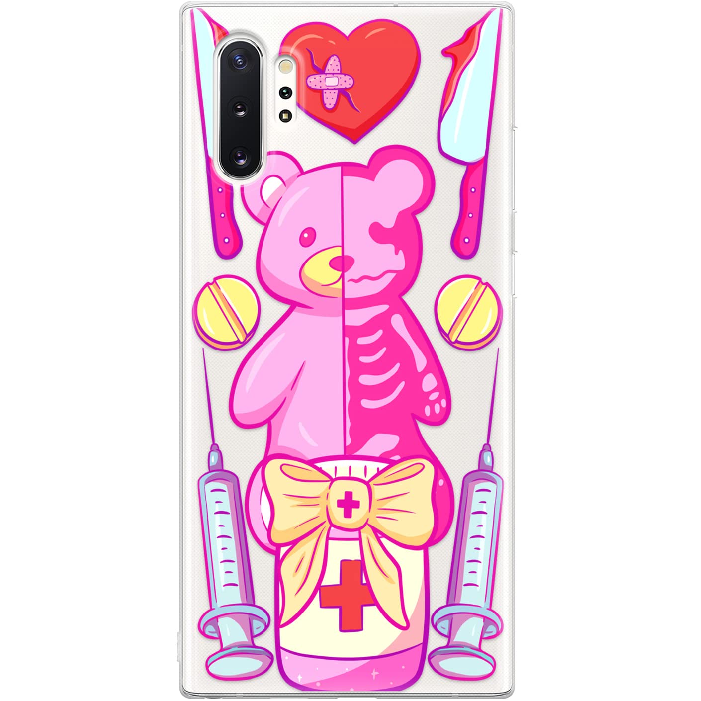 TPU Phone Case Compatible with Samsung A72 A71 5G A70 A51 A50 A32 A21 A11 A12 A13 A14 A01 Japanese Medicine Yami Kawaii Shockproof Teddy Bear Cover Protective Silicone Creepy Cute Anime Clear