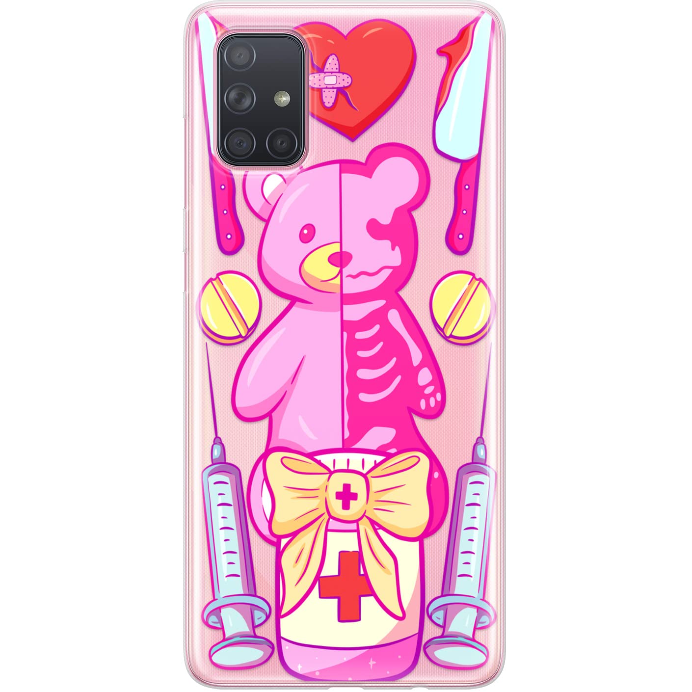 TPU Phone Case Compatible with Samsung A72 A71 5G A70 A51 A50 A32 A21 A11 A12 A13 A14 A01 Japanese Medicine Yami Kawaii Shockproof Teddy Bear Cover Protective Silicone Creepy Cute Anime Clear