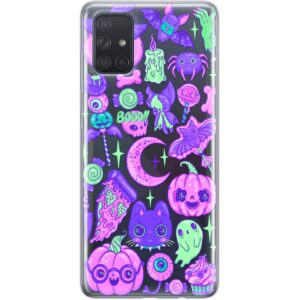 TPU Phone Case Compatible with Samsung A72 A71 5G A70 A51 A50 A32 A21 A11 A12 A13 A14 A01 Ghost Print Lightweight Soft Cat Spooky Cover Bats Flexible Pizza Silicone Purple Pumpkins Shockproof