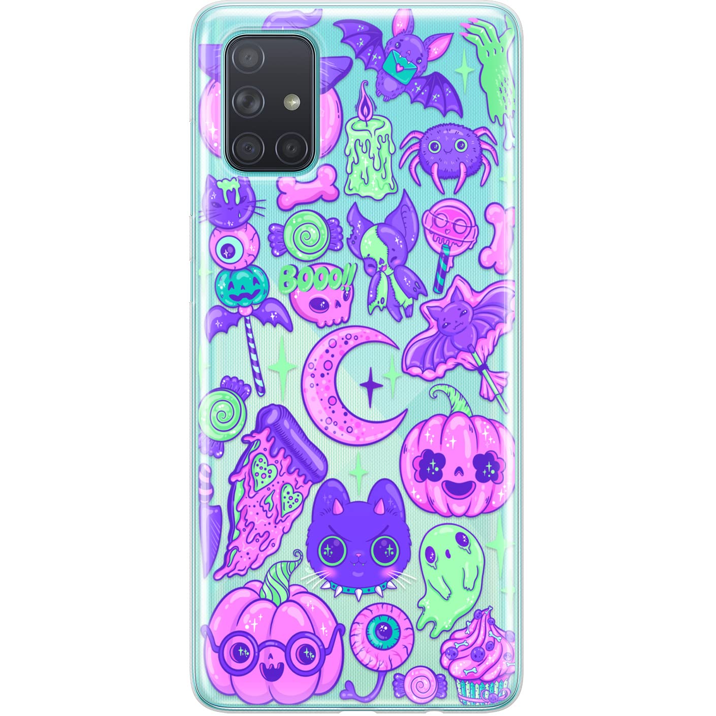 TPU Phone Case Compatible with Samsung A72 A71 5G A70 A51 A50 A32 A21 A11 A12 A13 A14 A01 Ghost Print Lightweight Soft Cat Spooky Cover Bats Flexible Pizza Silicone Purple Pumpkins Shockproof