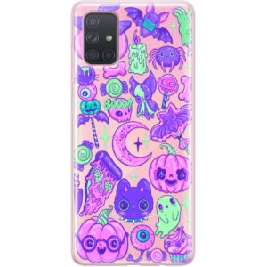 TPU Phone Case Compatible with Samsung A72 A71 5G A70 A51 A50 A32 A21 A11 A12 A13 A14 A01 Ghost Print Lightweight Soft Cat Spooky Cover Bats Flexible Pizza Silicone Purple Pumpkins Shockproof