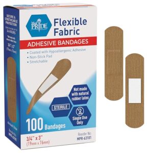 med pride sterile fabric adhesive bandages [100 count]- first aid bandages coated with hypoallergenic adhesive & non-stick pad- latex-rubber free wound care bandages- individual wrapped- 3/4'' x 3''