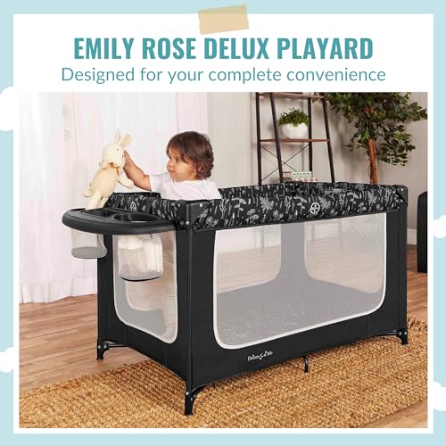 Dream On Me Emily Rose Deluxe Playard in Black and White with Infant Bassinet and Changing Tray, Lightweight Portable and Convertible Playard for Baby, Breathable Mesh Sides and Soft Fabric