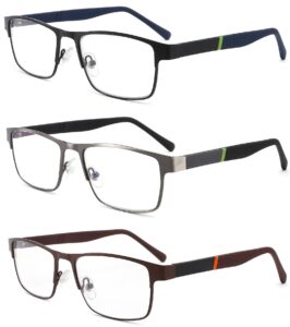 3-pack reading glasses for men blue light blocking trendy metal frame computer readers antieye strain/glare uv ray filter eyeglasses(+2.0 magnification strength)