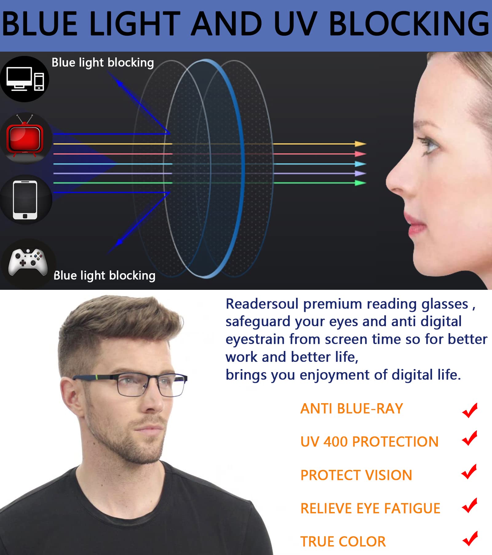 3-Pack Reading Glasses for Men Blue Light Blocking Trendy Metal Frame Computer Readers Antieye Strain/glare Uv Ray Filter Eyeglasses(+2.0 magnification Strength)