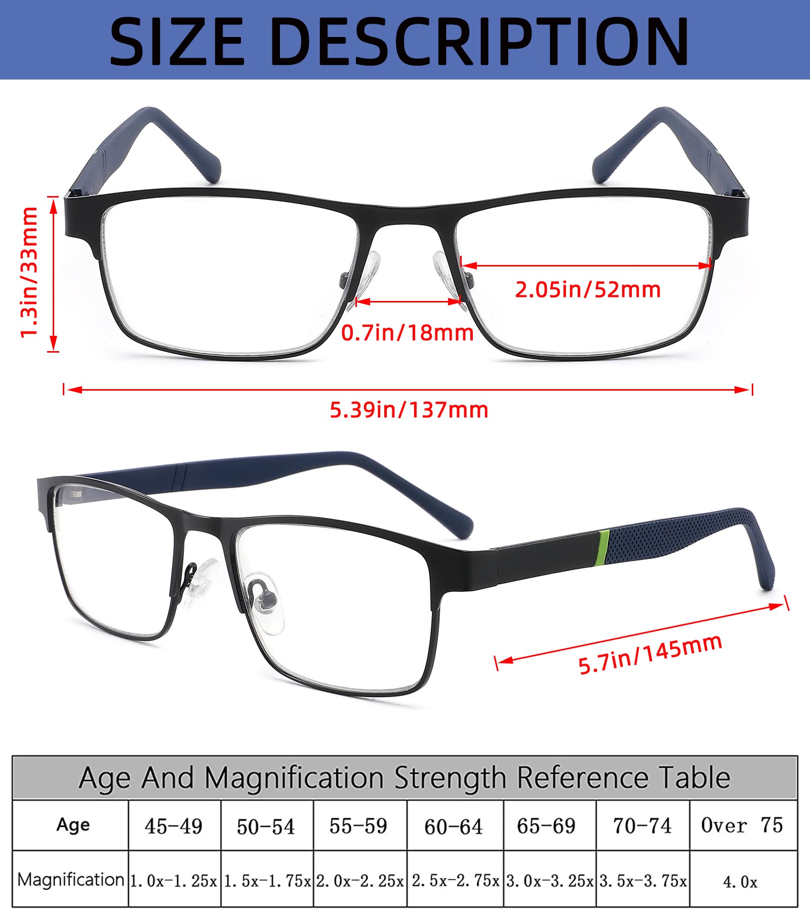 3-Pack Reading Glasses for Men Blue Light Blocking Trendy Metal Frame Computer Readers Antieye Strain/glare Uv Ray Filter Eyeglasses(+2.0 magnification Strength)