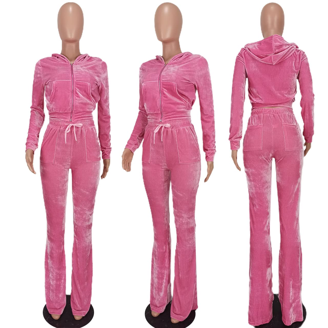 Yeshire Women's 2 Piece Outfits Velvet Sweatsuits Zip-up Hoodie Jacket Casual Jogging Set Tracksuit Set with Pockets Large Pink