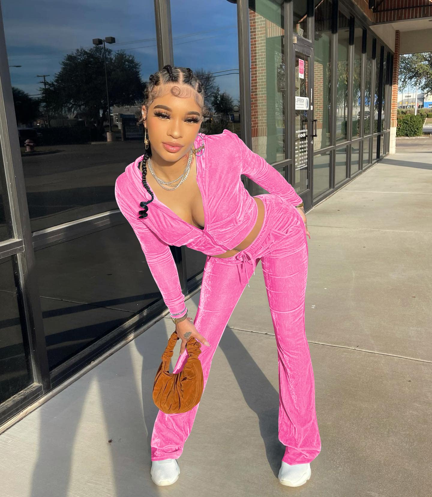 Yeshire Women's 2 Piece Outfits Velvet Sweatsuits Zip-up Hoodie Jacket Casual Jogging Set Tracksuit Set with Pockets Large Pink