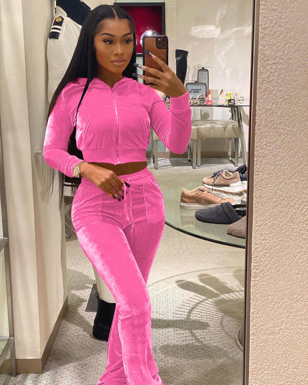 Yeshire Women's 2 Piece Outfits Velvet Sweatsuits Zip-up Hoodie Jacket Casual Jogging Set Tracksuit Set with Pockets Large Pink