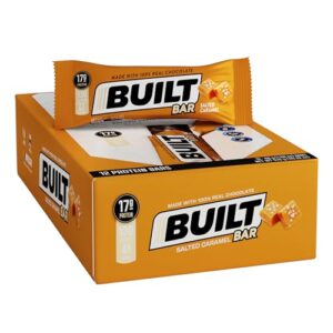 built protein bars, salted caramel, 12 count, 1.73oz bars, gluten free protein snacks with 17g of high protein. chocolate protein bar only 130 calories & 4g sugar, great on the go protein snack