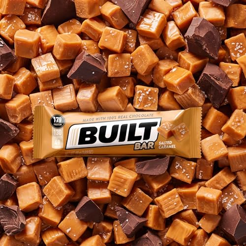 Built Protein Bars, Salted Caramel, 12 Count, 1.73oz Bars, Gluten Free Protein Snacks with 17g of High Protein. Chocolate Protein Bar only 130 calories & 4g sugar, Great On The Go Protein Snack