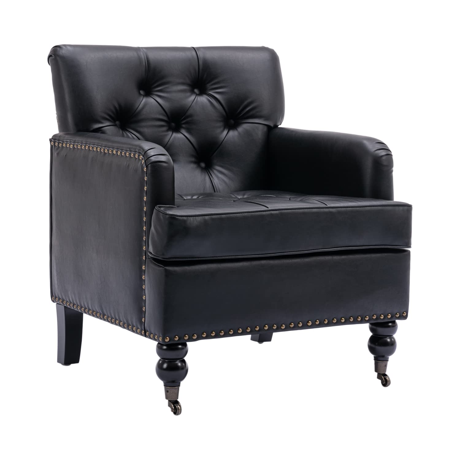 Nrizc Black Leather Club Chair, Mid Century Modern Accent Arm Chairs with Studded, Living Room Chairs with Solid Wood Frame, for Living Room, Bedroom, Reading, or Office