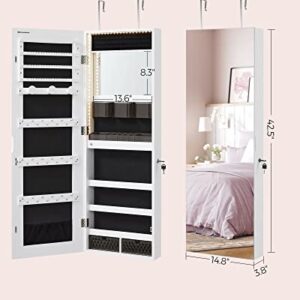 SONGMICS Mirror Jewelry Cabinet Armoire Organizer, Wall or Door Mount Storage Cabinet with Full-Length Frameless Lighted Mirror, Built-in Makeup Mirror, 2 Drawers, Lockable, White UJJC013W01