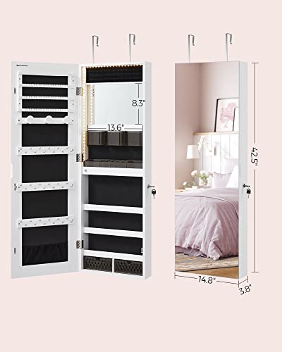 SONGMICS Mirror Jewelry Cabinet Armoire Organizer, Wall or Door Mount Storage Cabinet with Full-Length Frameless Lighted Mirror, Built-in Makeup Mirror, 2 Drawers, Lockable, White UJJC013W01