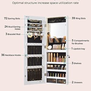 SONGMICS Mirror Jewelry Cabinet Armoire Organizer, Wall or Door Mount Storage Cabinet with Full-Length Frameless Lighted Mirror, Built-in Makeup Mirror, 2 Drawers, Lockable, White UJJC013W01