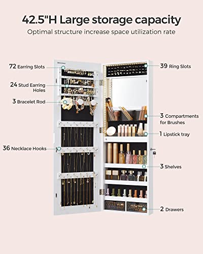 SONGMICS Mirror Jewelry Cabinet Armoire Organizer, Wall or Door Mount Storage Cabinet with Full-Length Frameless Lighted Mirror, Built-in Makeup Mirror, 2 Drawers, Lockable, White UJJC013W01