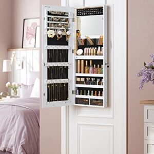 SONGMICS Mirror Jewelry Cabinet Armoire Organizer, Wall or Door Mount Storage Cabinet with Full-Length Frameless Lighted Mirror, Built-in Makeup Mirror, 2 Drawers, Lockable, White UJJC013W01