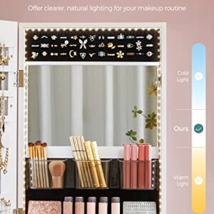 SONGMICS Mirror Jewelry Cabinet Armoire Organizer, Wall or Door Mount Storage Cabinet with Full-Length Frameless Lighted Mirror, Built-in Makeup Mirror, 2 Drawers, Lockable, White UJJC013W01