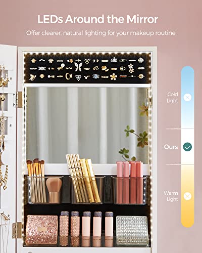 SONGMICS Mirror Jewelry Cabinet Armoire Organizer, Wall or Door Mount Storage Cabinet with Full-Length Frameless Lighted Mirror, Built-in Makeup Mirror, 2 Drawers, Lockable, White UJJC013W01