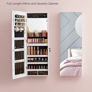 SONGMICS Mirror Jewelry Cabinet Armoire Organizer, Wall or Door Mount Storage Cabinet with Full-Length Frameless Lighted Mirror, Built-in Makeup Mirror, 2 Drawers, Lockable, White UJJC013W01