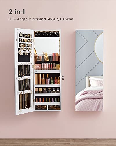 SONGMICS Mirror Jewelry Cabinet Armoire Organizer, Wall or Door Mount Storage Cabinet with Full-Length Frameless Lighted Mirror, Built-in Makeup Mirror, 2 Drawers, Lockable, White UJJC013W01