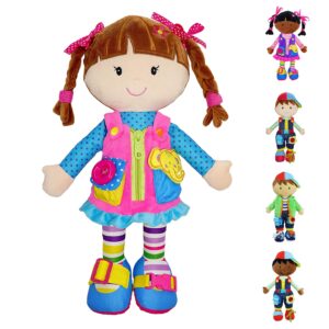 june garden 15.5" dressy friends belle - educational stuffed plush doll for kids and toddlers 2 years and up - montessori buckle soft toy