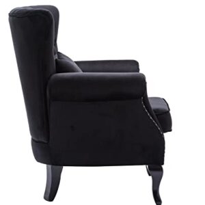 Kmax Velvet Club Chair Tufted Throne Chair Mid Century Accent Wingback Chair Padded Seating Wood Legs Home Club Bedroom Living Room, Black