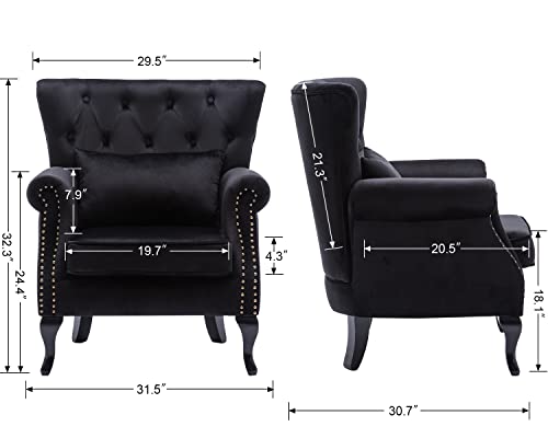 Kmax Velvet Club Chair Tufted Throne Chair Mid Century Accent Wingback Chair Padded Seating Wood Legs Home Club Bedroom Living Room, Black