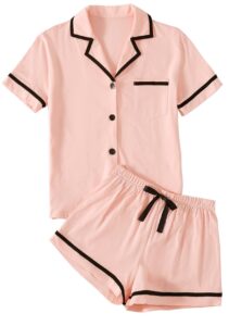 lyaner women's cotton pajamas set button short sleeve shirt with shorts set pjs loungewear light pink medium