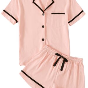 LYANER Women's Cotton Pajamas Set Button Short Sleeve Shirt with Shorts Set PJs Loungewear Light Pink Medium