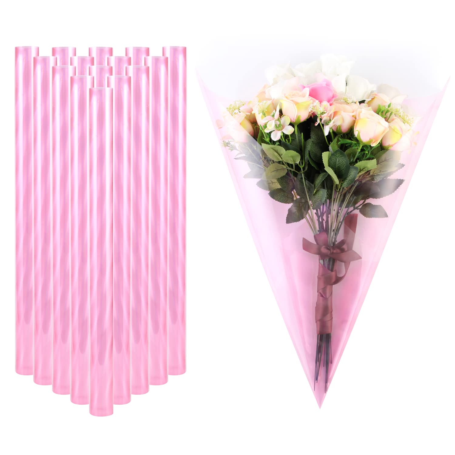 15pcs Iridescent Cellophane Wrap Paper Sheets Cellophane Wrap Roll Clear Flower Wrapping Packaging Paper,for Birthday Christmas Gift Candy Craft Flower 23'' x 23''(Pink)