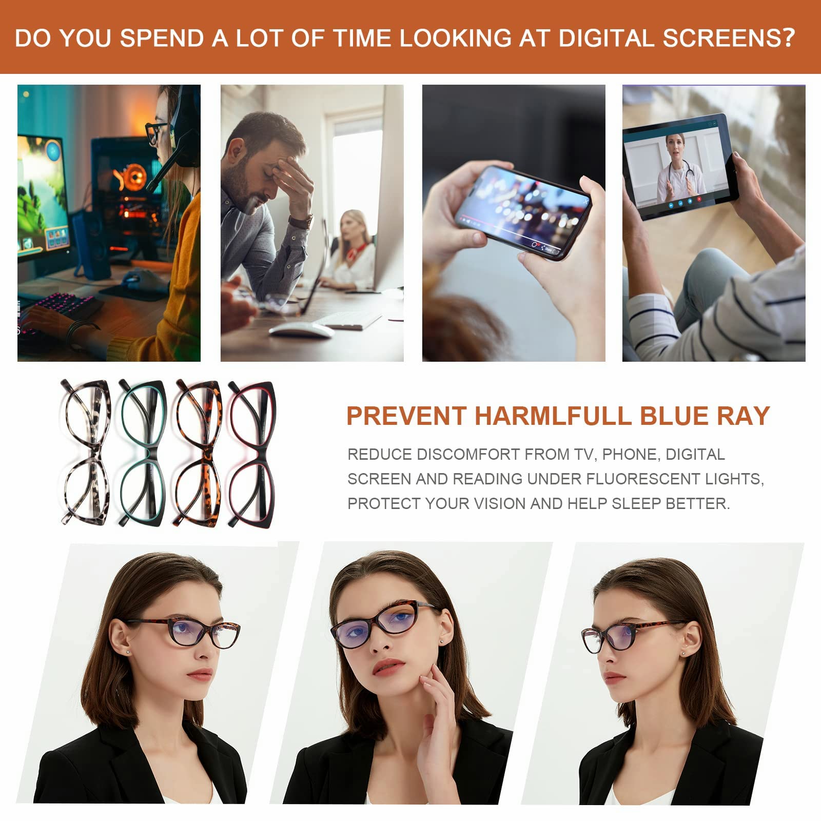 EYEURL 4 Pack Cat Eye Reading Glasses for Women, Blue Light Blocking Readers Lightweight Spring Hinge Anti Eyestrain UV Fashion Eyeglasses +1.50