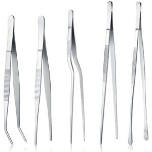 5 pcs stainless steel kitchen cooking tweezers tongs culinary 12 inch long fine food tweezers tongs tools offset tip chef korean japanese bbq tweezers for baking grill salad steak fish buffet banquet